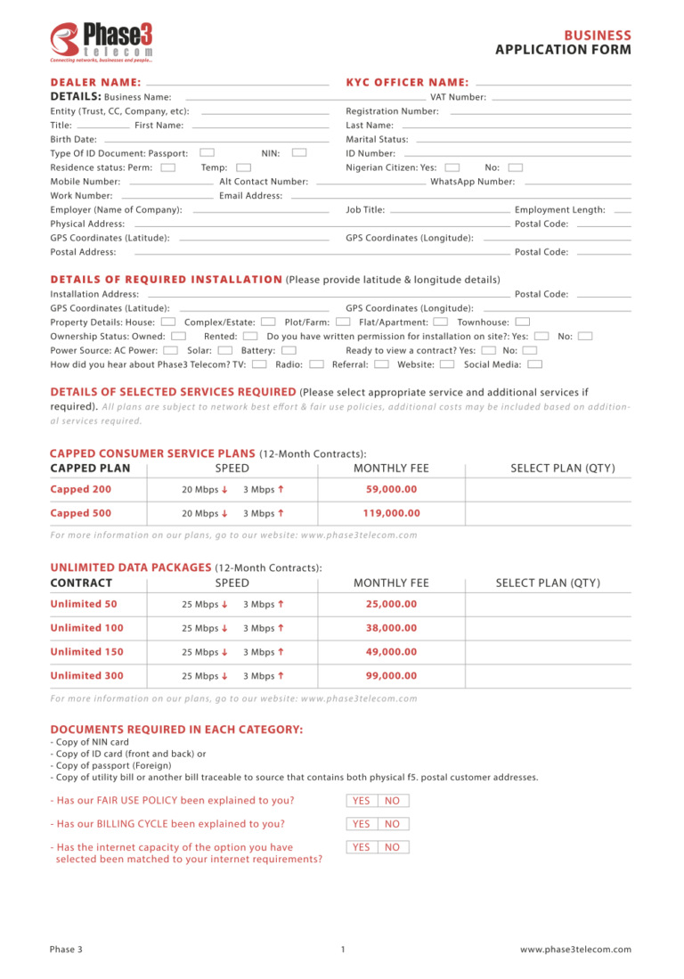 Business Forms – Phase3 Telecom